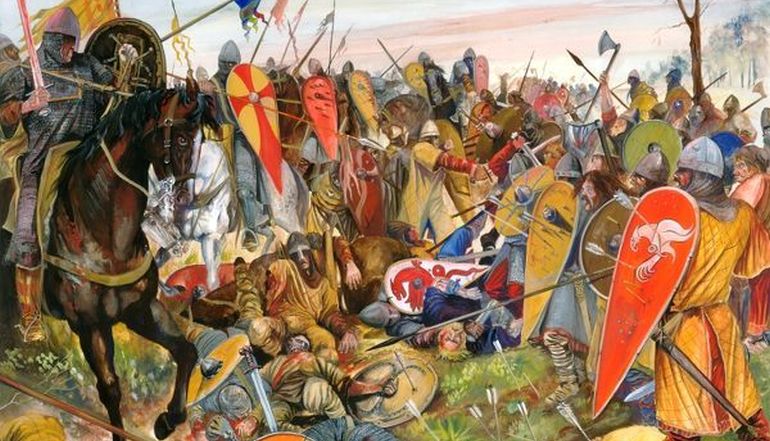 Battle of Hastings, fought in 1066. King Harold II of England was defeated.