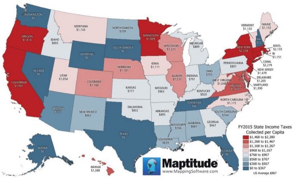 A map that shows States with the Highest and Lowest State Income Taxes.