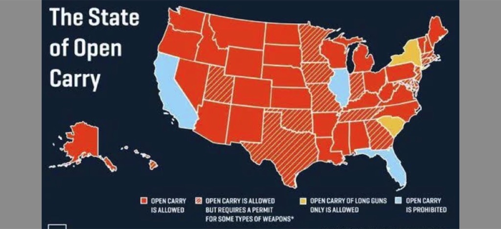 Map: The recognition of the right to openly carry a firearm, by state.