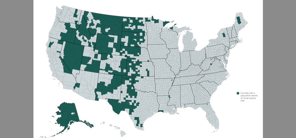 A map showing the Frontier Counties of the United States.