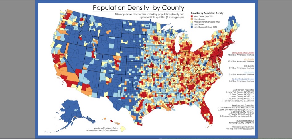 Today's graphic shows US Counties by Population Density. (Reddit.)