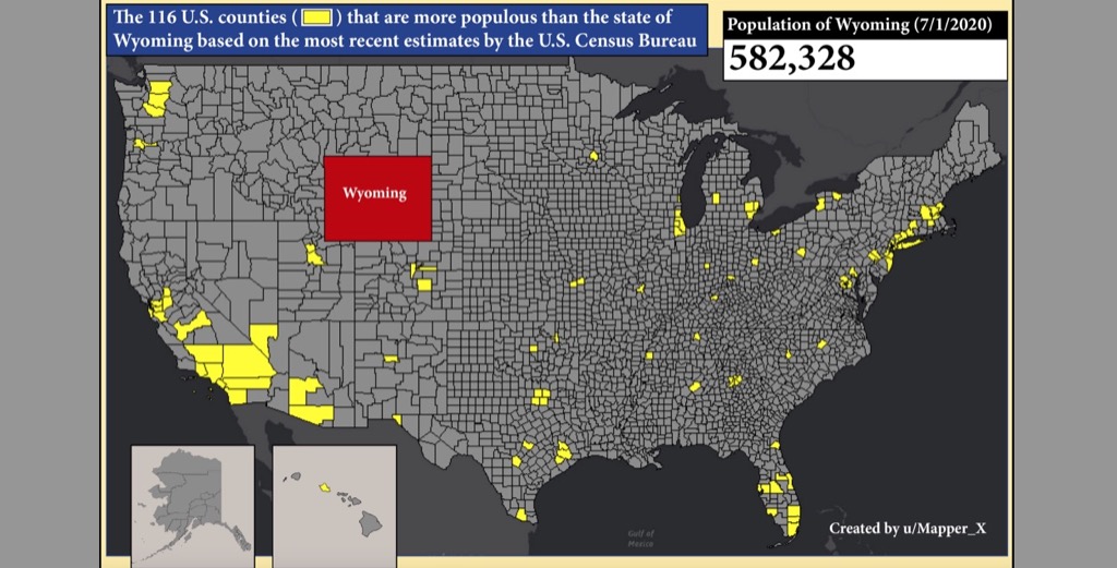 A map that shows the 116 U.S. counties that are more populous than the ...