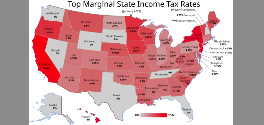 A map showing Top Marginal State Income Tax Rates