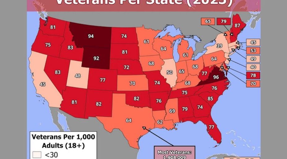 A map showing the percentage of military veterans, by state. (Reddit.)
