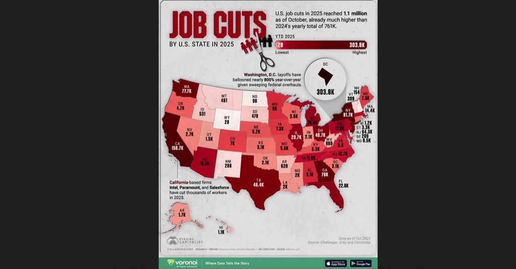 A map of U.S. job cuts from January to October, 2025.