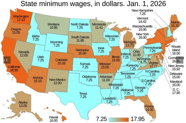 A map of State Minimum Wages, in Dollars, as of January 2026