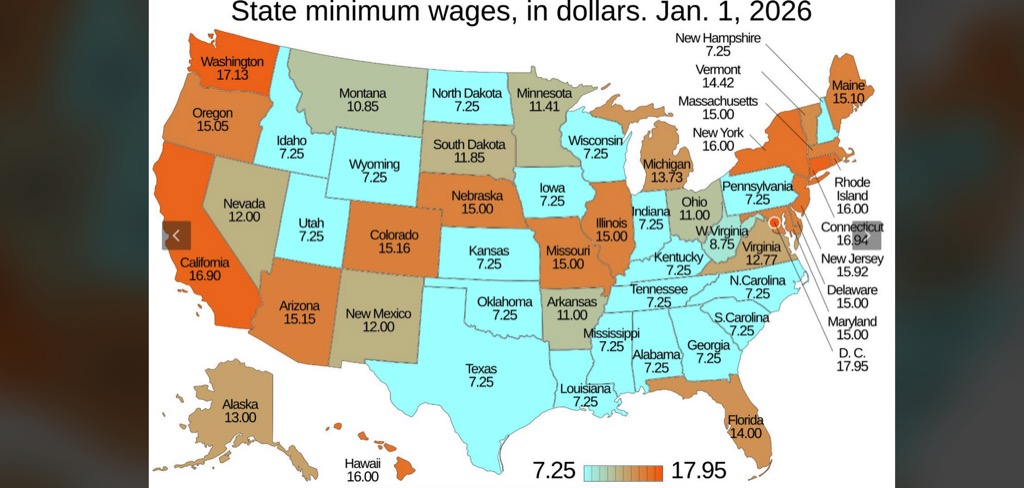 A map of State Minimum Wages, in Dollars, as of January 2026