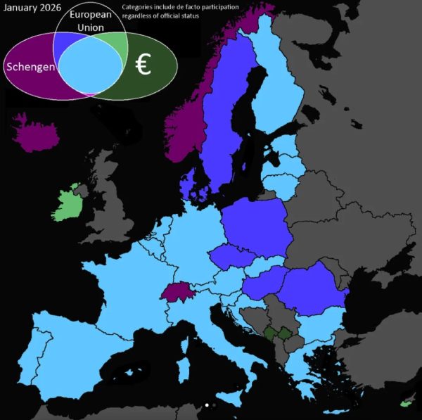 A map showing the Overlap of the Schengen Area and the Eurozone.