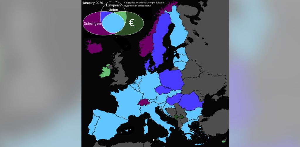 A map showing the Overlap of the Schengen Area and the Eurozone.
