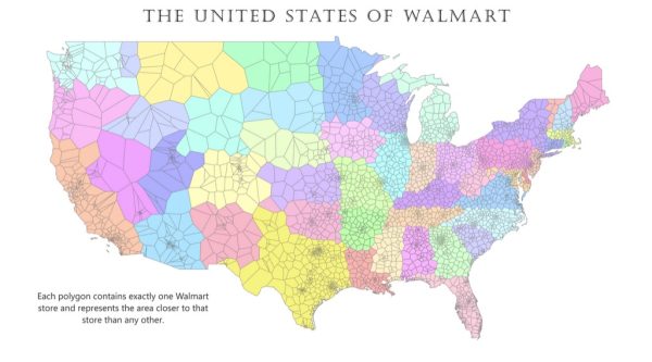 Graphic: The United States of WalMart. Polygons have one Walmart store