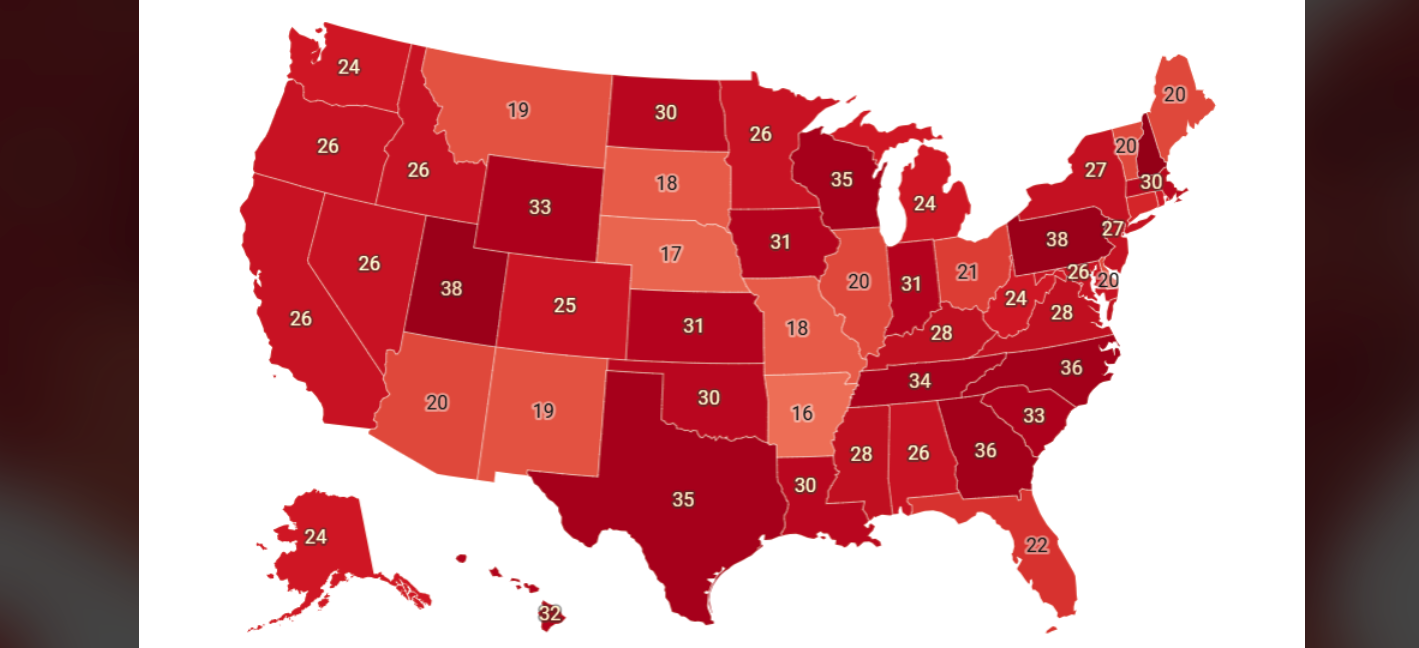 A map showing the hours of minimum wage work needed for rent.